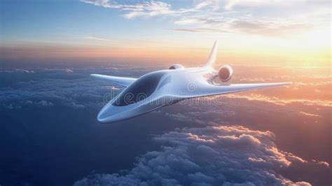 Futuristic Electronic Plane Flying Above Clouds At Sunset Showcasing
