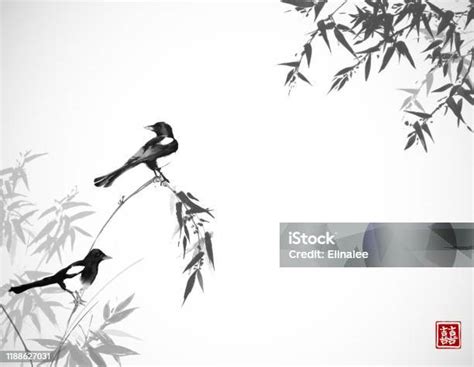대나무와 두 마리의 까치 새 전통적인 동양 수묵화 스미에 우신 고화 상형 문자 이중 행운 까치에 대한 스톡 벡터 아트 및 기타