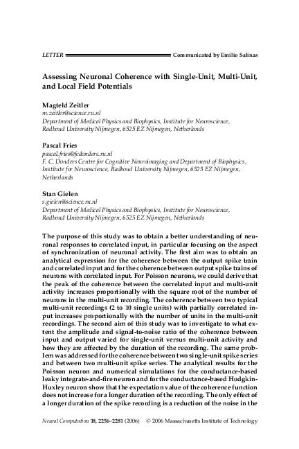 Pdf Assessing Neuronal Coherence With Single Unit Multi Unit And Local Field Potentials