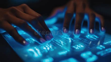 Close Up Of Hands Typing On A Futuristic Holographic Keyboard Stock