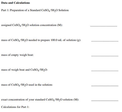 solved part 1 preparation of a standard cuso4 5h20 solution