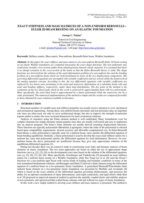 Pdf Exact Stiffness And Mass Matrices Of A Non Uniform Bernoulli Euler 2d Beam Resting On An