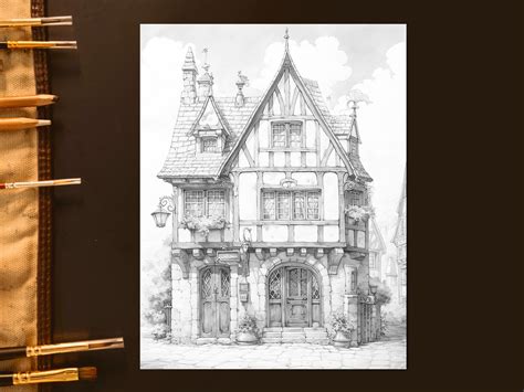 Traditional Houses Adult Coloring Book Beautiful Landscapes Grayscale