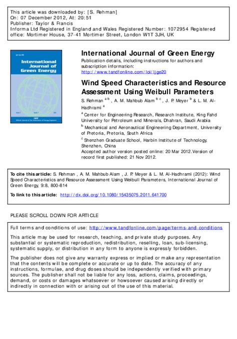 pdf international journal of green energy wind speed characteristics