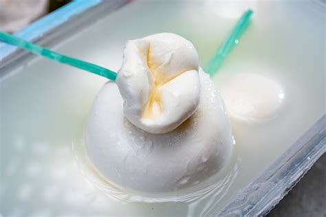 풀리아산 신선한 수제 부드러운 이탈리안 치즈 부라타 흰 공 또는 모짜렐라로 만든 부라티나 치즈 용기에 물을 채우는 크림 0명에