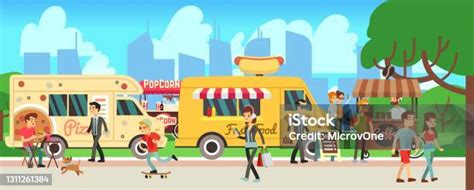 길거리 음식 시장 도시 공원 만화 패스트 푸드 트럭과 텐트를 걷는 사람들 남자 여자 먹는 스케이트 보드 쇼핑 음료 커피 야외 엔터테인먼트 벡터 일러스트레이션 공동체에 대한