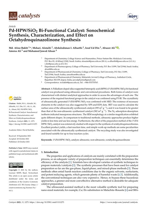 Pdf Pd Hpw Sio2 Bi Functional Catalyst Sonochemical Synthesis Characterization And Effect