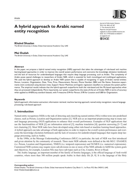 Pdf A Hybrid Approach To Arabic Named Entity Recognition