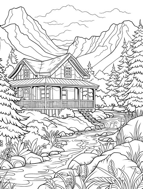 Free Cabin By The Stream Coloring Page Download Now ⛰️ Davinci In You