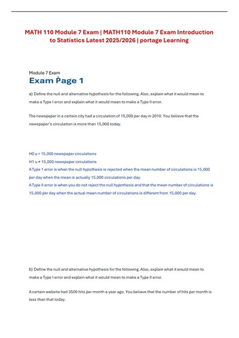 Math 110 Module 7 Exam Introduction To Statistics Portage Learning 2025 2026 Latest