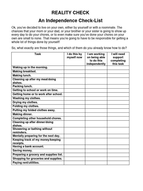 Reality Check An Independence Checklist Simple Pdf