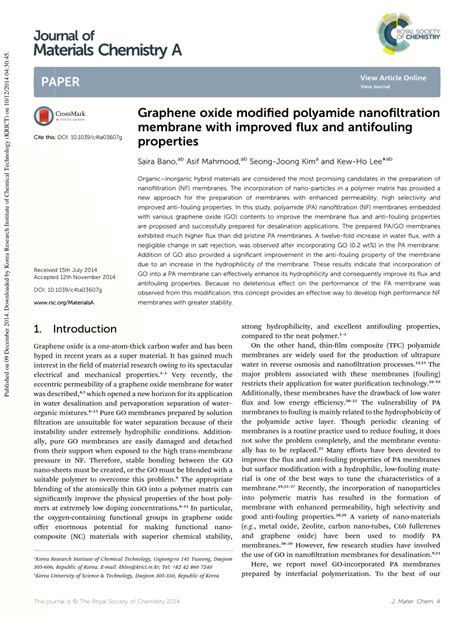 Pdf Graphene Oxide Modified Polyamide Nanofiltration Membrane With Improved Flux And