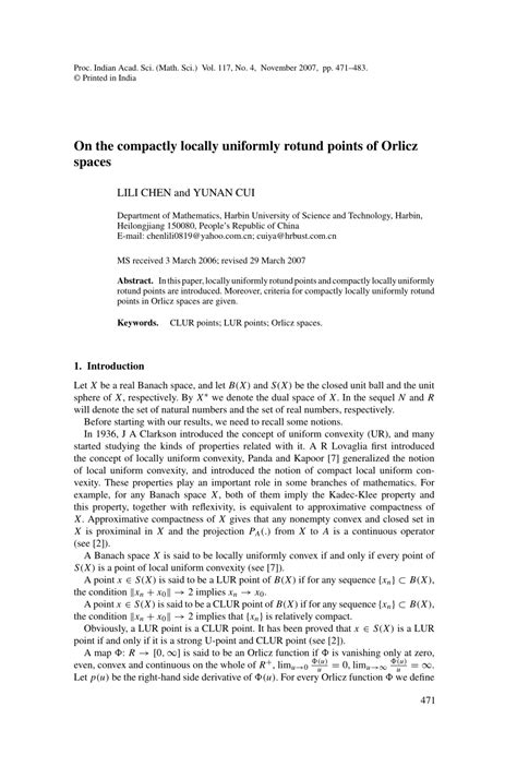 Pdf On The Compactly Locally Uniformly Rotund Points Of Orlicz Spaces