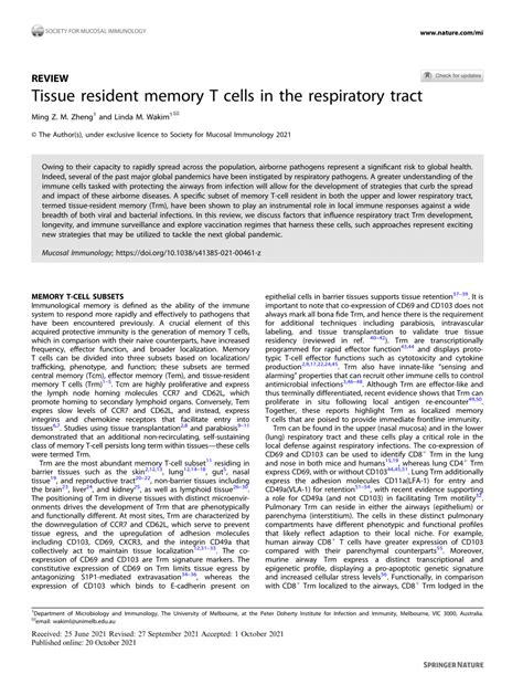 Pdf Tissue Resident Memory T Cells In The Respiratory Tract