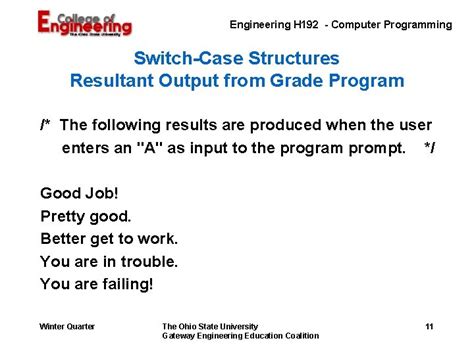 Engineering H 192 Computer Programming Switch Case Structures