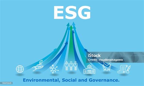 Esg 디지털 환경 사회 및 거버넌스 이미지 아이콘 및 상승 화살표 파란색 배경 환경 사회 지배 구조에 대한 스톡 벡터 아트