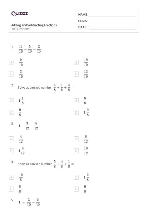 Adding And Subtracting Fractions Worksheets For Rd Year On Quizizz Free Printable