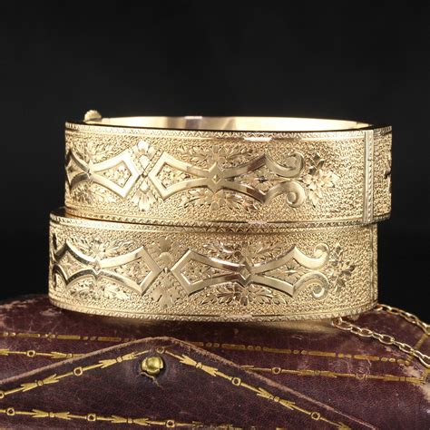 Antique Victorian 14k Yellow Gold Engraved Wide Bangle Bracelet Set At