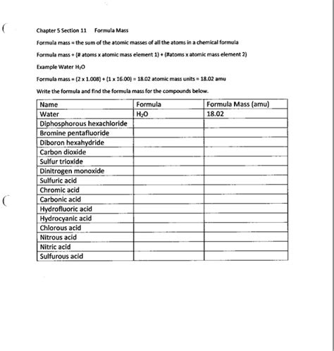 SOLVED Chapter Section Formula Mass Formula Mass The Sum Of The Atomic Masses Of Allthe