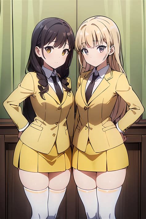 두 명의 여성이 교복을 입고 서로 옆에 서 있습니다 Seaart Ai