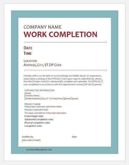 Certificates For Work Completion Civil Work Completion Certificate Format India Get High