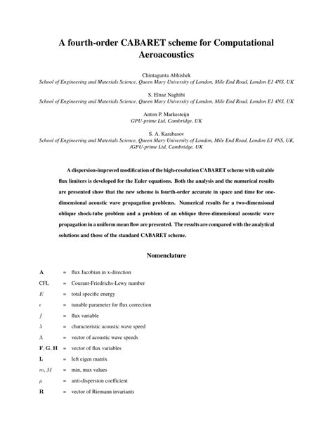 Pdf A Fourth Order Cabaret Scheme For Computational Aeroacoustics