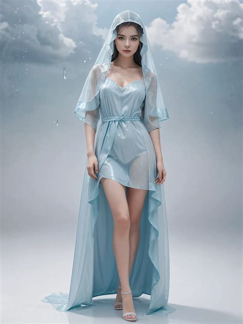 푸른 드레스와 베일을 쓴 여자가 흐린 하늘 앞에 서 있다 Seaart Ai