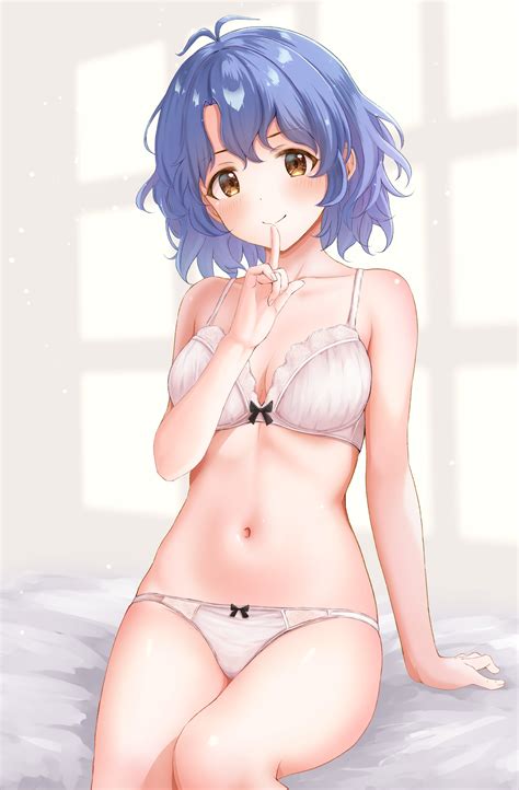 Rule 34 Ahoge Bed Sheet Blue Hair Blush Brown Eyes Ca Paria Cute Cute