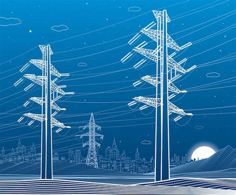 고전압 전송 시스템 전주 전력선 상호 연결된 전기 네트워크 프리미엄 벡터