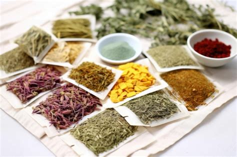 Assorted Herbal Tea Bags On A White Mat Premium Ai Generated Image