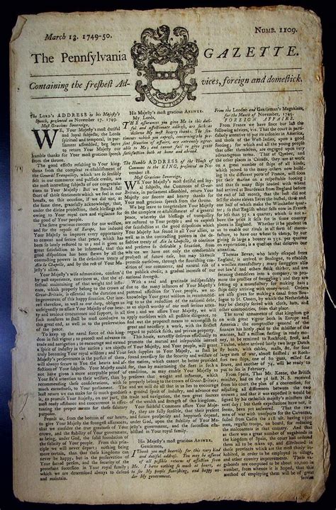 Pennsylvania Gazette No 1109 March 13 1750 Gilder Lehrman