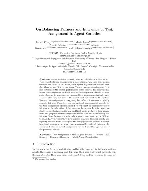 Pdf On Balancing Fairness And Efficiency Of Task Assignment In Agent Societies