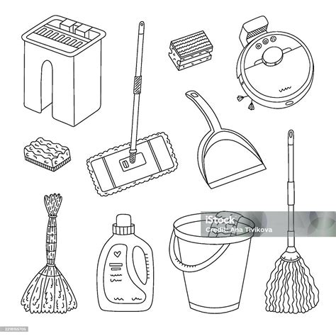 가정 도구로 아파트 세트를 청소하는 어린아이 같은 낙서 손으로 그린 양동이 걸레 쓰레받기 로봇 진공 청소기 세탁 젤 빗자루 스크럽 스폰지 재미 빨래 낙서 배경에 고립 개체