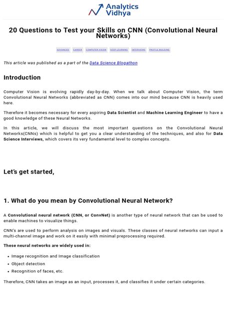 20 Questions To Test Your Skills On Cnn Convolutional Neural Networks Download Free Pdf