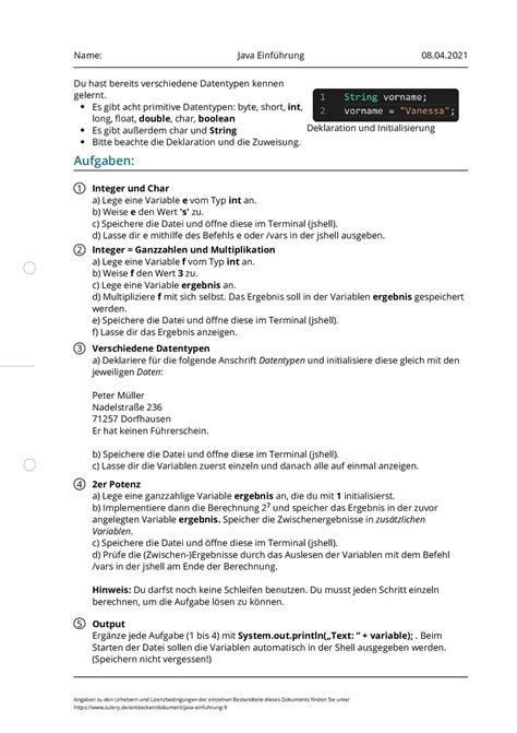 arbeitsblatt java einführung tutory de