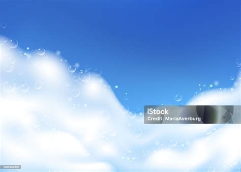 거품이있는 사실적인 비누 거품이있는 아름다운 파란색 배경 샴푸 거품 질감 빛나는 세척 위생 세제 텍스트의 빈 장소입니다 벡터 일러스트레이션 경관에 대한 스톡 벡터 아트 및