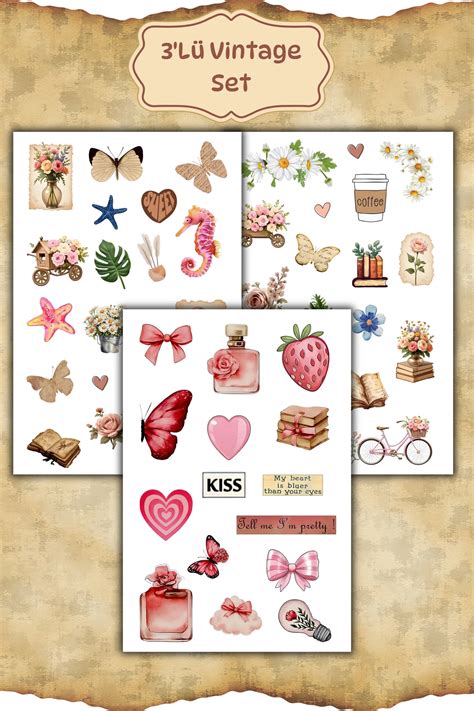 3 Lü Vintage Sticker Planner Ajanda Bullet Journal Için Uygun Set
