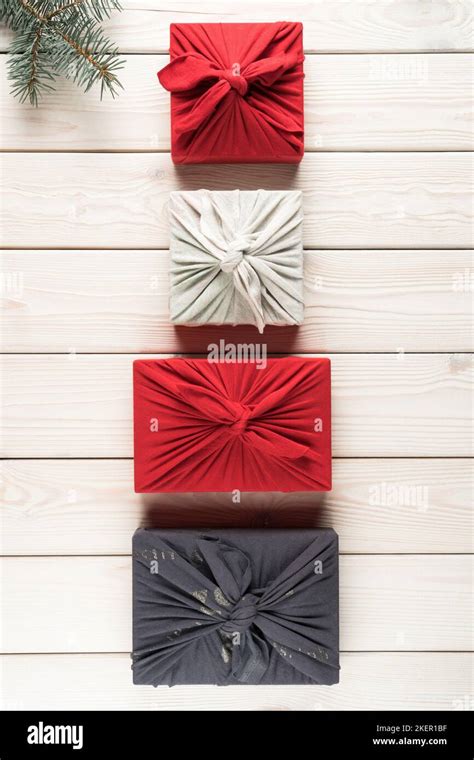 Group Of Christmas Presents In Furoshiki Package Top View Spruce