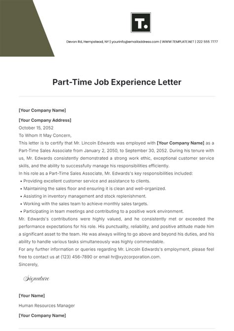 Free Part Time Job Experience Letter Template To Edit Online
