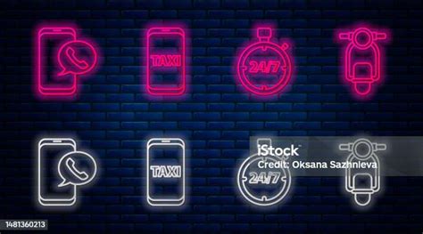 세트 라인 택시 호출 전화 서비스 스톱워치 24 시간 택시 호출 전화 서비스 및 스쿠터 벽돌 벽에 빛나는 네온 아이콘입니다 벡터 24에 대한 스톡 벡터 아트 및 기타 이미지