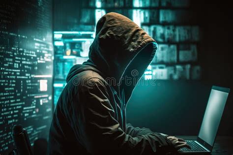 Hacker In A Hood With A Hidden Face Looks At The Screen Of A Laptop Hacking And Malware Concept