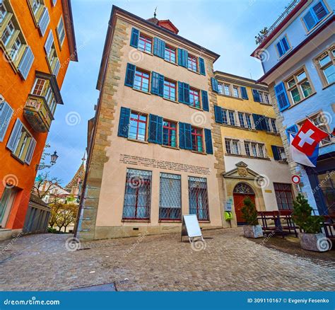 Historic Brunnenturm Houses On Spiegelgasse Platz Zurich Switzerland