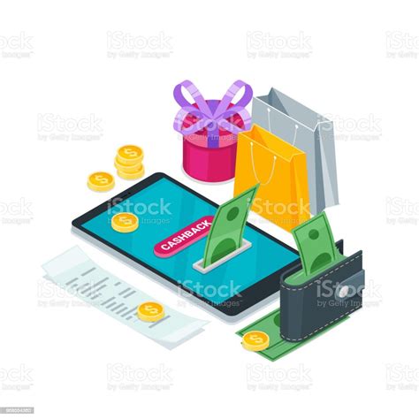 Cashback 온라인 서비스 개념입니다 벡터 아이소메트릭 3d 그림입니다 현금에 대 한 아이콘을 다시 또는 지불 모바일 애플
