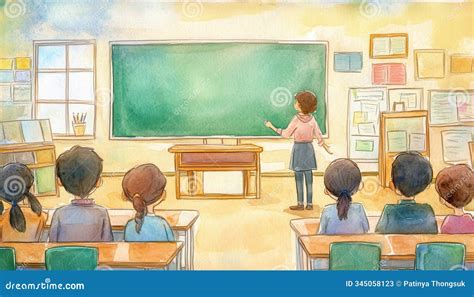 Watercolor Illustration Of A Classroom Scene Stock Illustration