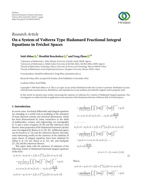 Pdf On A System Of Volterra Type Hadamard Fractional Integral
