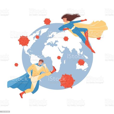 플랫 만화 슈퍼 히어로 캐릭터 싸움 코로나 바이러스 코비드 보호 방지 벡터 일러스트 개념 만화에 대한 스톡 벡터 아트 및 기타 플랫 만화 슈퍼 히어로 캐릭터 싸움 코로나 바이러스 코비드 보호 방지 벡터 일러스트 개념 만화에 대한 스톡 벡터 아트 및 기타