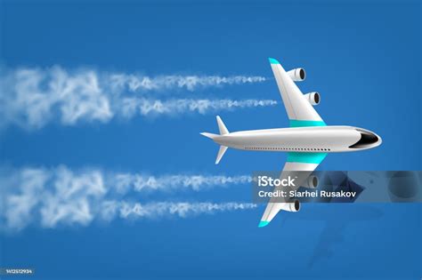 푸른 하늘에 고립 된 비행 비행기의 실루엣 응축 흔적의 벡터 일러스트레이션이있는 비행기의 모양 Airshow에 대한 스톡 벡터 아트 및 기타 이미지 Istock