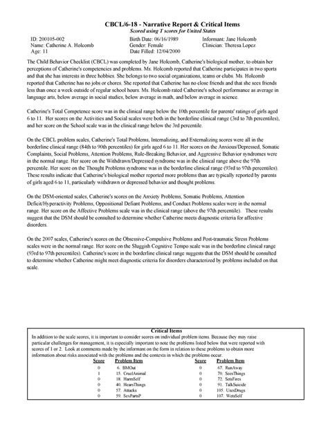 Sample Cbcl Narrative Apuntes 2 Id 200105 Name Catherine A