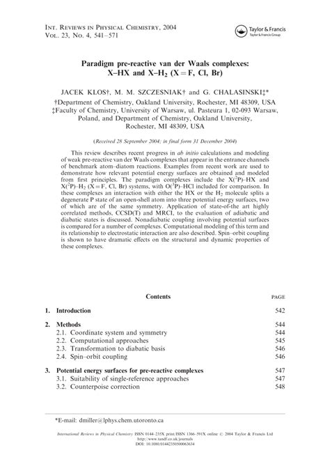 Pdf Paradigm Pre Reactive Van Der Waals Complexes Xhx And Xh 2 X