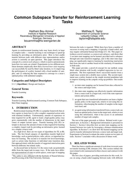 pdf common subspace transfer for reinforcement learning tasks b paper